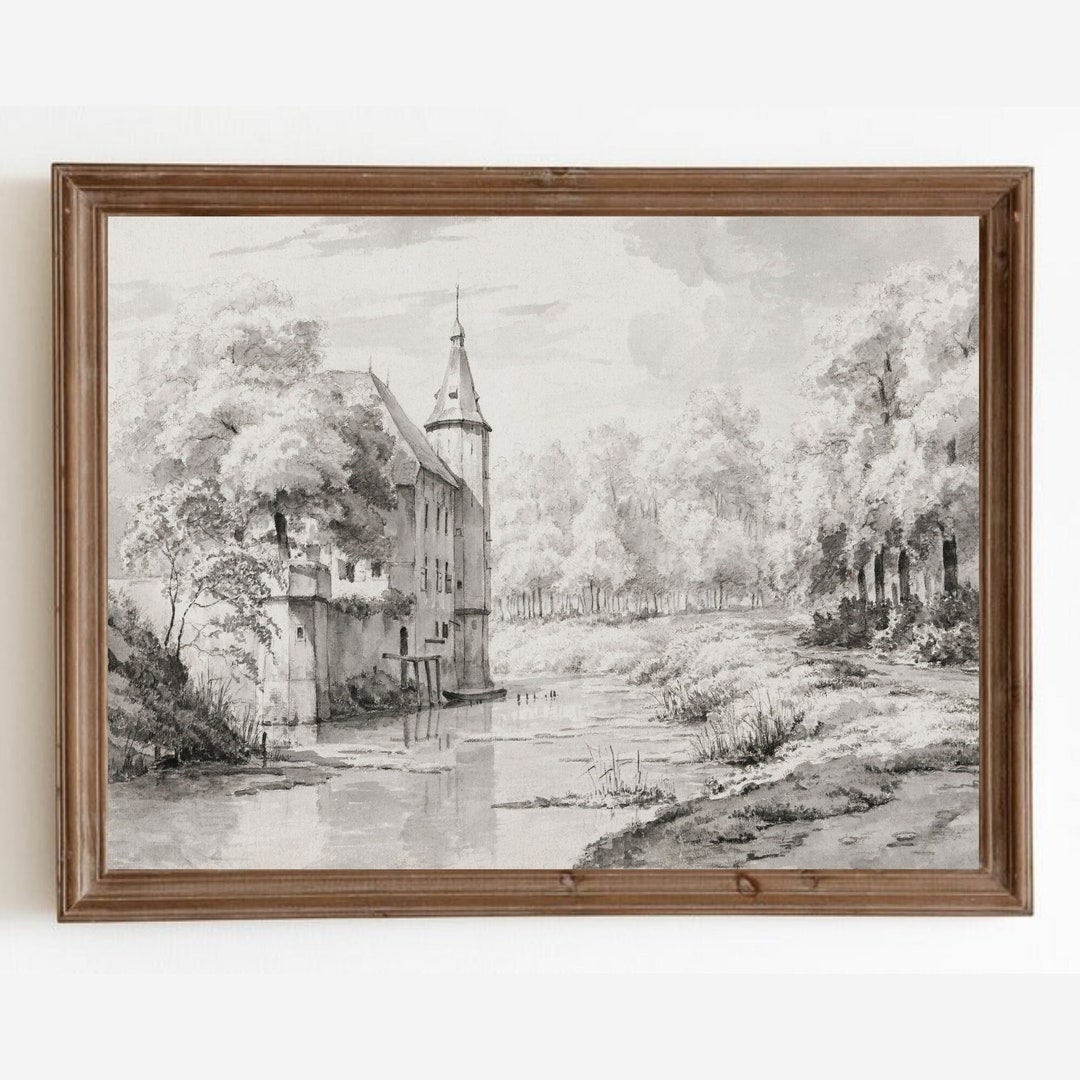 Castle Drawing, Vintage Architecture Sketch Art, Antique Art Print ...