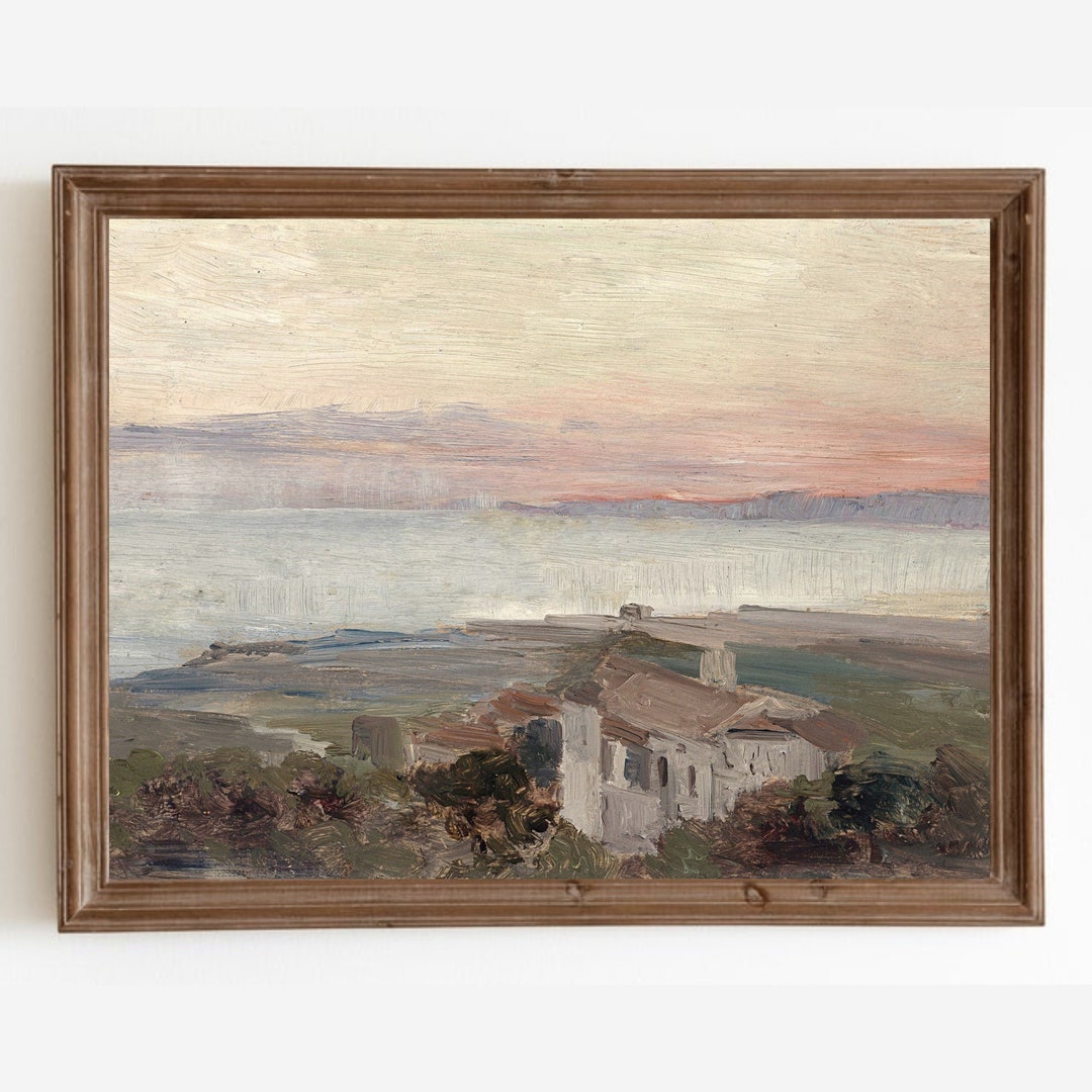 European Painting Print, Vintage Coastal Landscape Painting, Rustic ...
