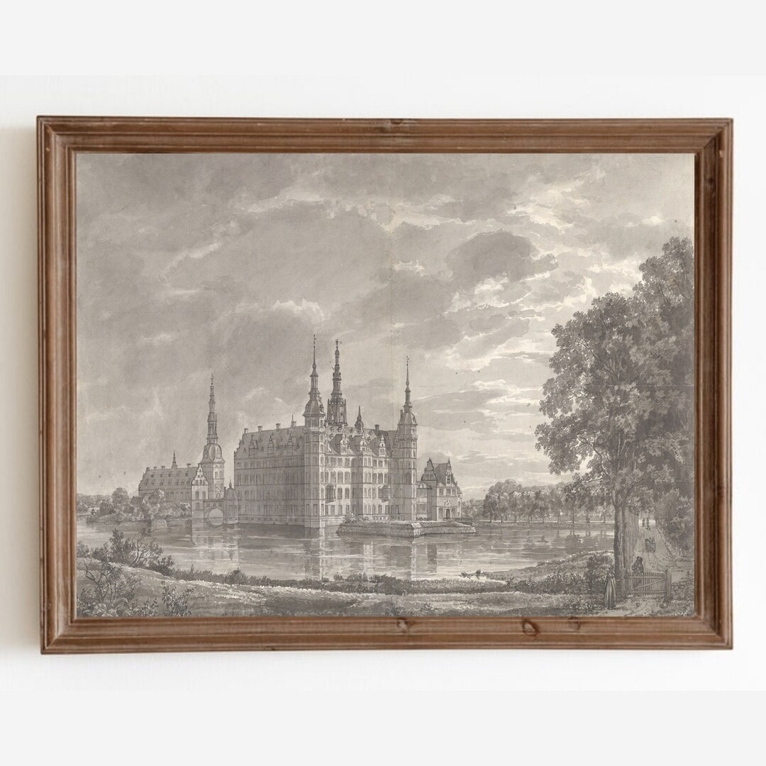 Vintage Architecture Sketch Art, Antique Castle Art Print, Cityscape ...