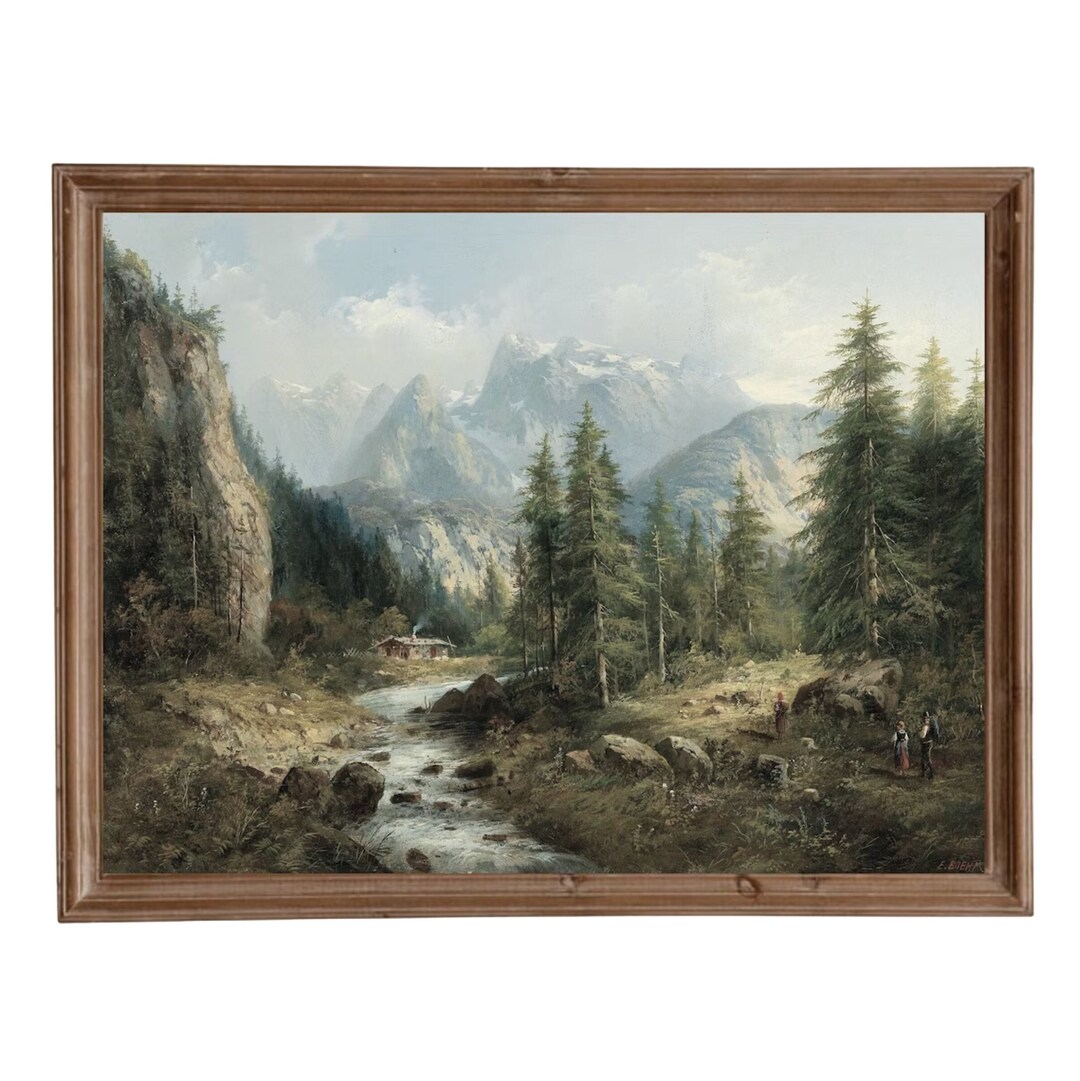 Vintage Mountain Landscape Print: Rustic Cabin Scenery, Forest Wall Art ...