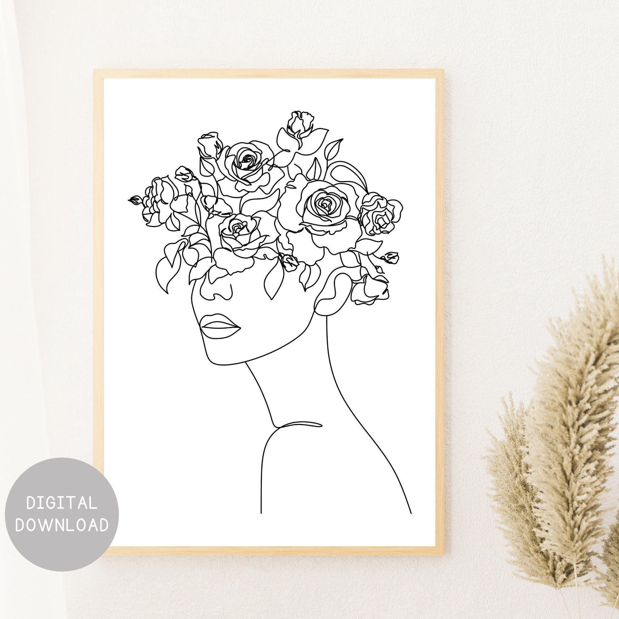 Woman One Line Drawing Head of Flowers Art Print Female Line - Etsy
