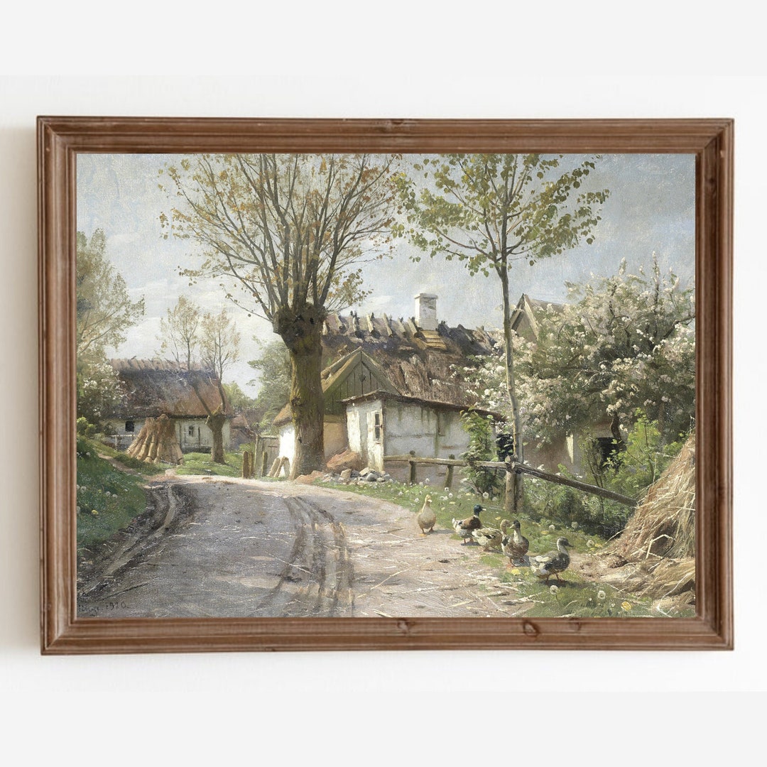 Vintage Country Landscape Painting, Farmhouse Wall Art, Country Lane ...