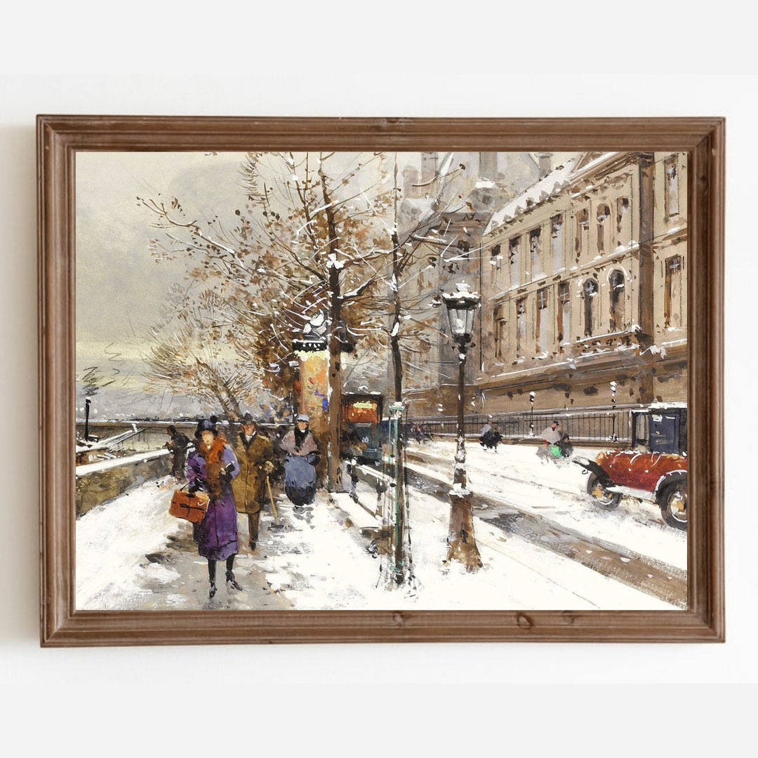 Vintage Paris Winter Painting, Cityscape Art Print, Snowy Winter ...