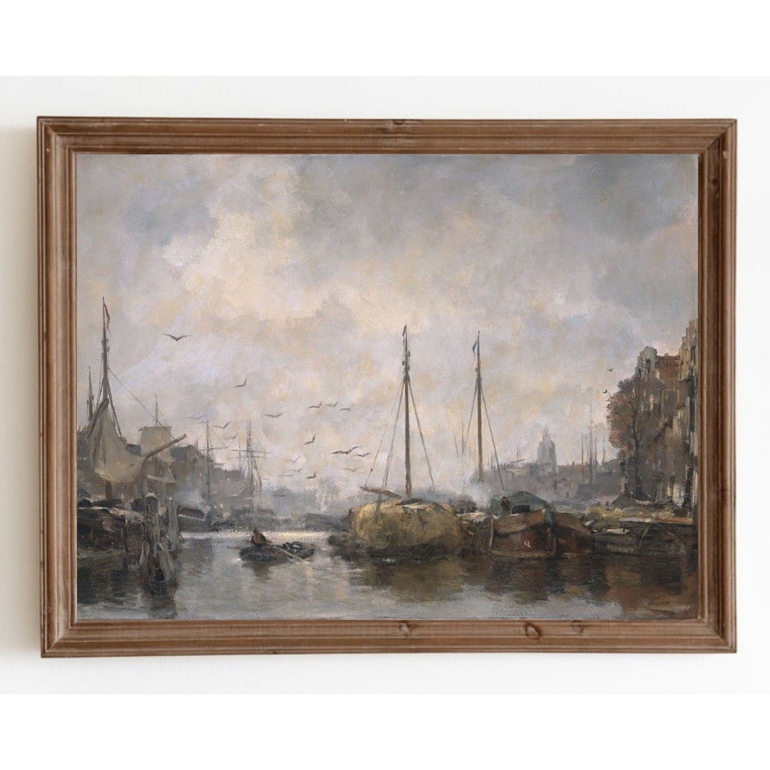Harbor Seascape Painting, Vintage Ship Art Print, Coastal Decor ...