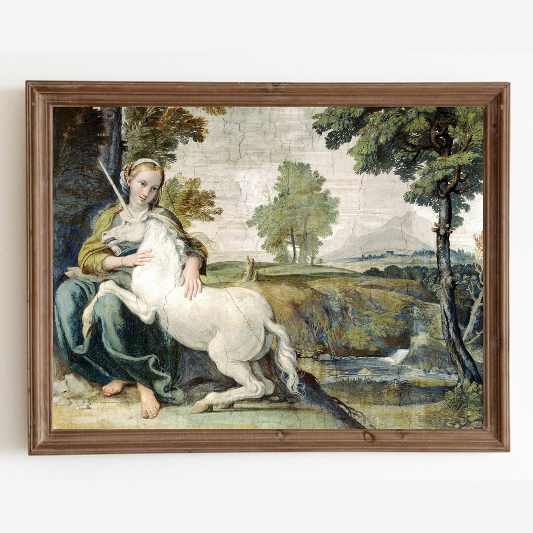 Unicorn Wall Art Download, Vintage Unicorn Painting, Unicorn and Girl ...