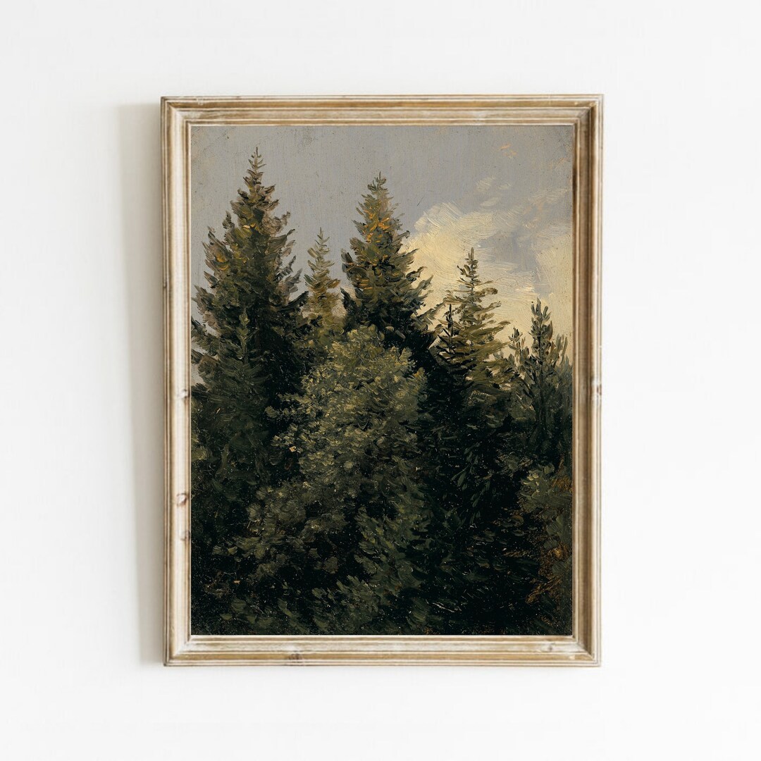 Vintage Forest Painting, Rustic Tree Wall Decor, Landscape Art Print ...