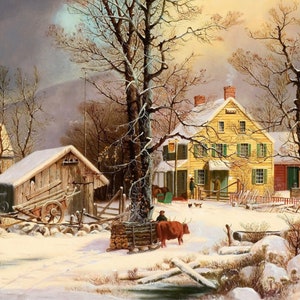Vintage Winter Farm Painting: Snowy Landscape Art Print (digital ...