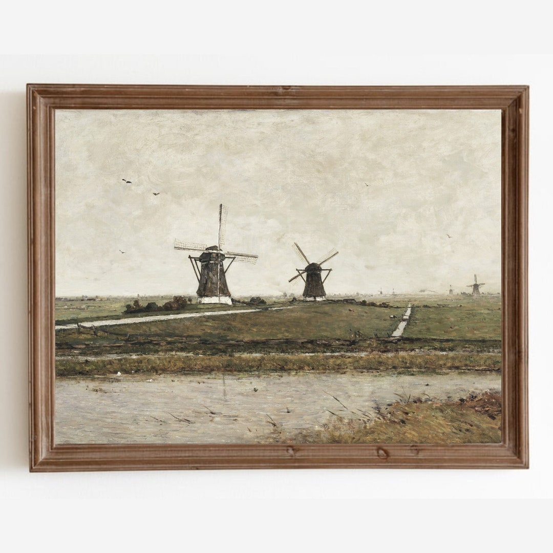 Dutch Windmill Print, Vintage Country Landscape Painting, Antique ...
