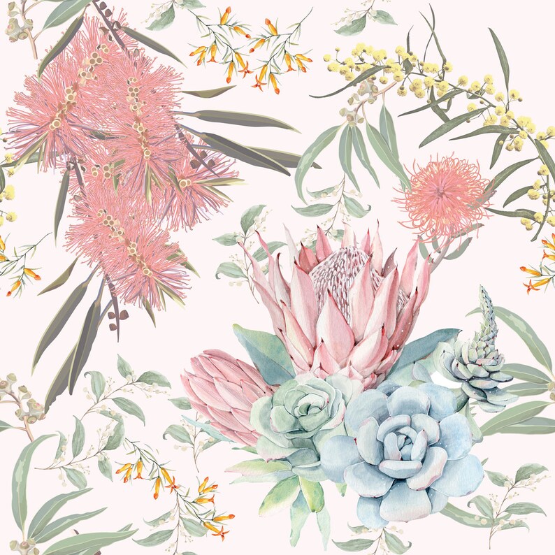 Aussie Native Flowers Removable Wall Paper Wattle Protea Banksia Peel ...