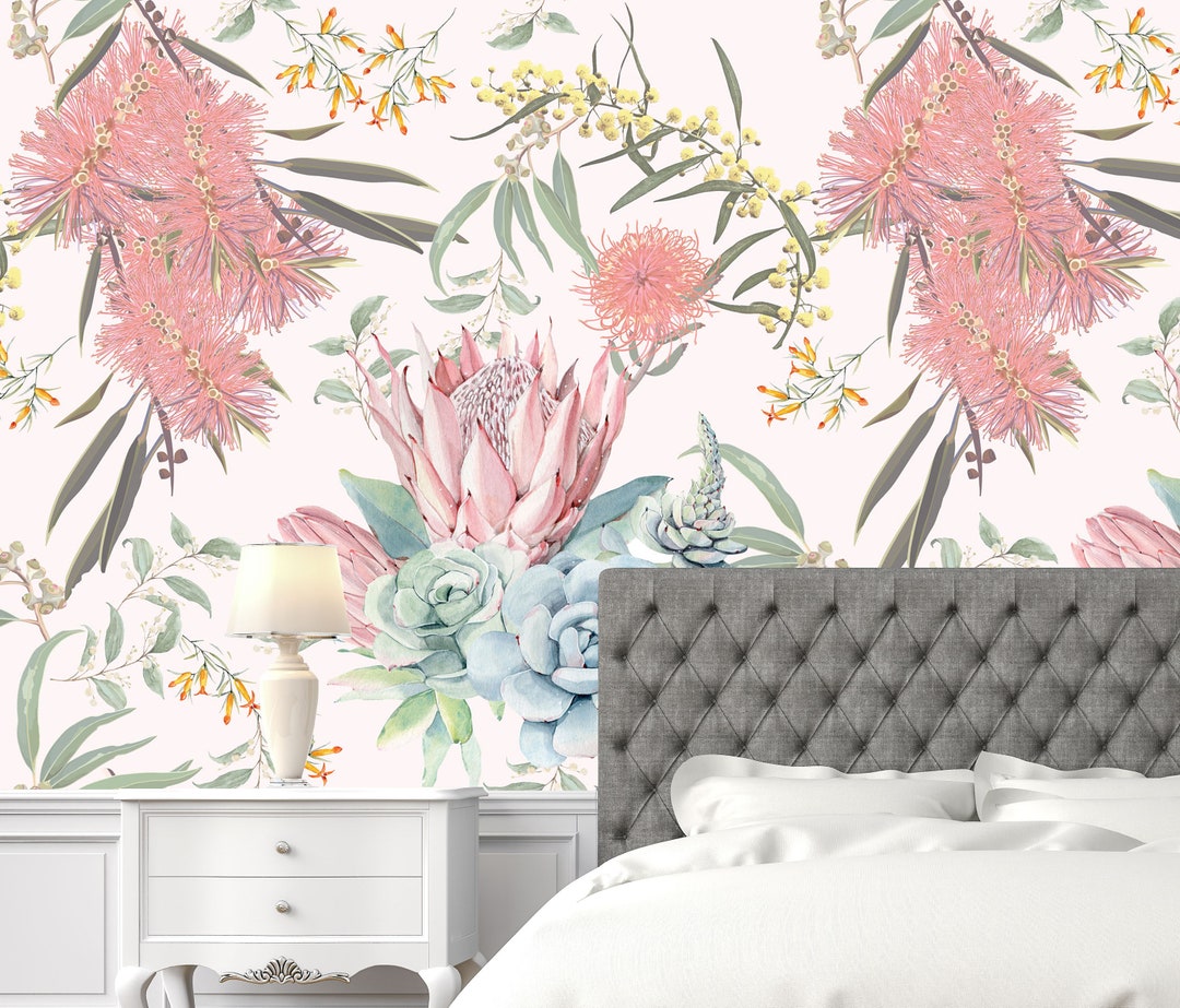 Aussie Native Flowers Removable Wall Paper Wattle Protea Banksia Peel ...