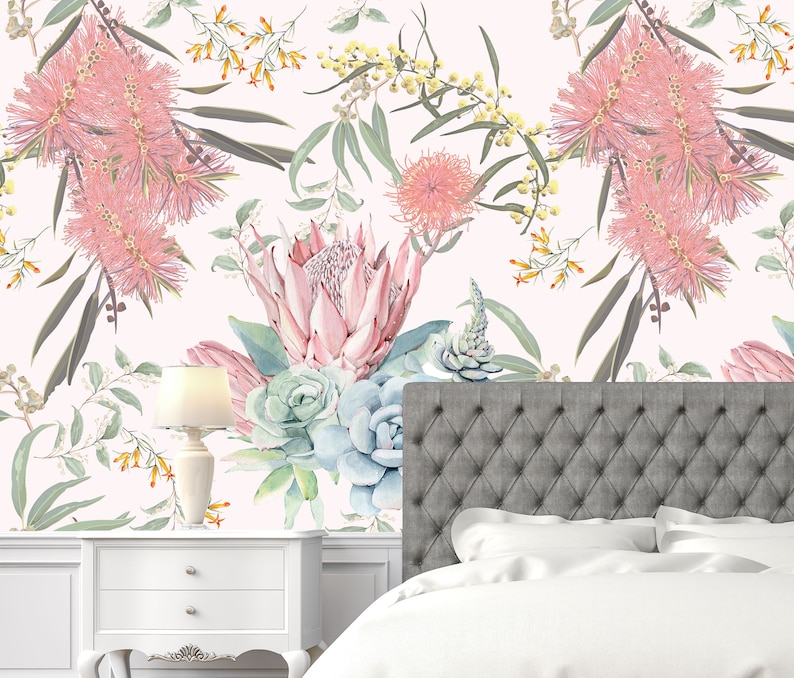 Aussie Native Flowers Removable Wall Paper Wattle Protea Banksia Peel