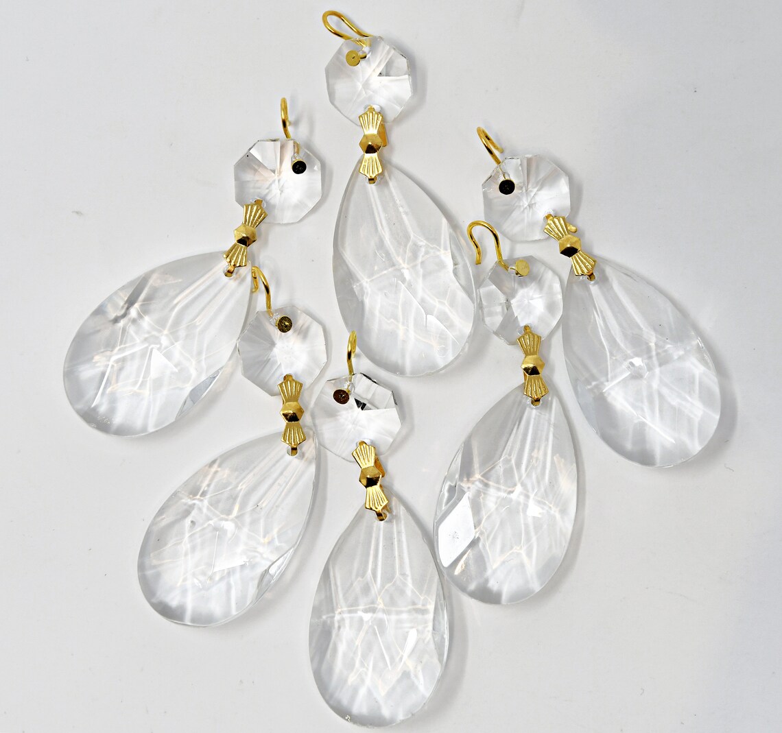 10 Small Clear Crystal Teardrop Prisms, Gold Hooks,38mm Faceted Cut ...
