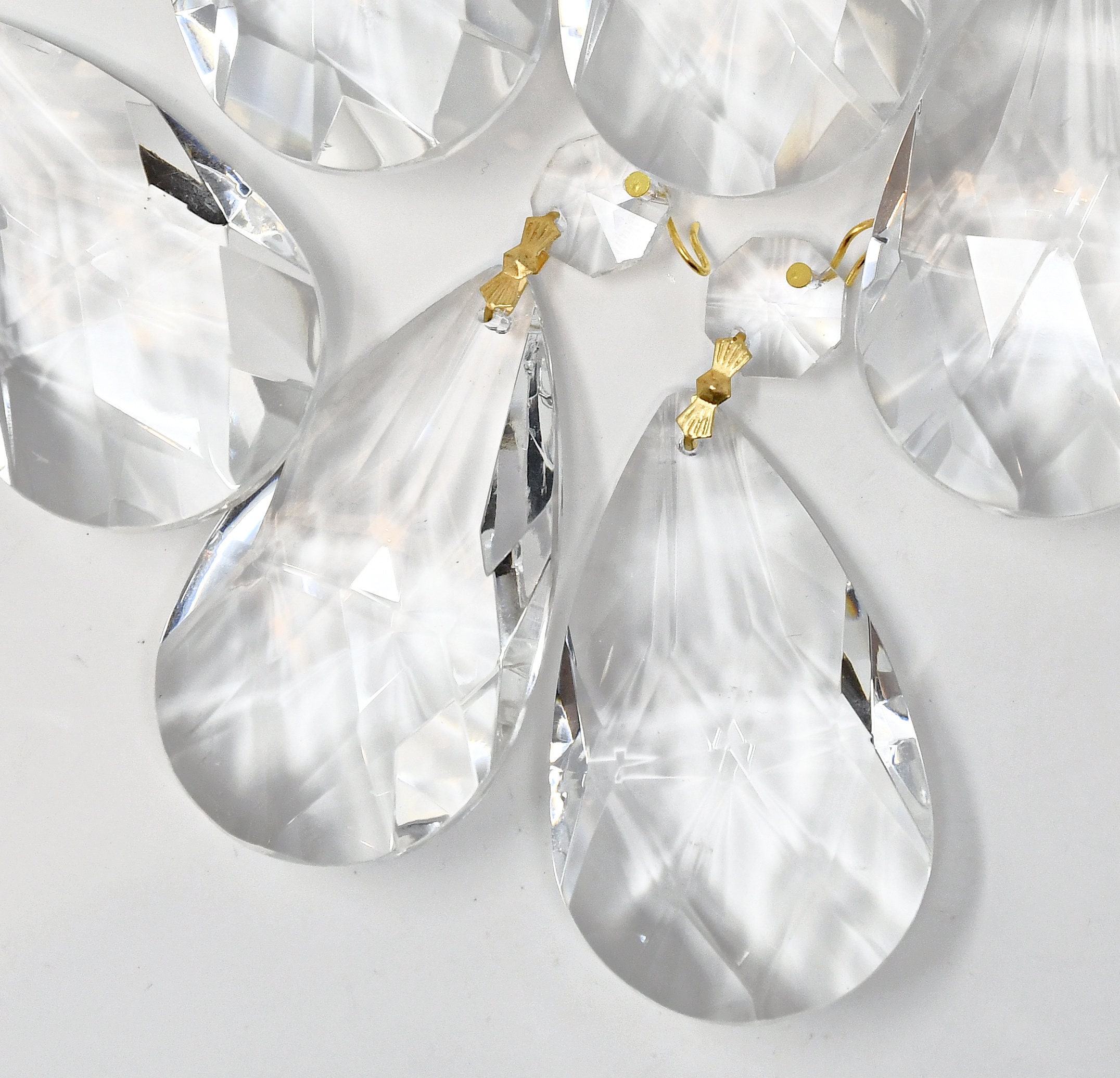 10 Large Clear Crystal Teardrop Prisms, Gold Hooks, 65mm Faceted Glass ...