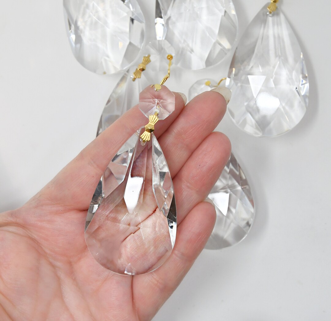 10 Large Clear Crystal Teardrop Prisms, Gold Hooks, 65mm Faceted Glass ...