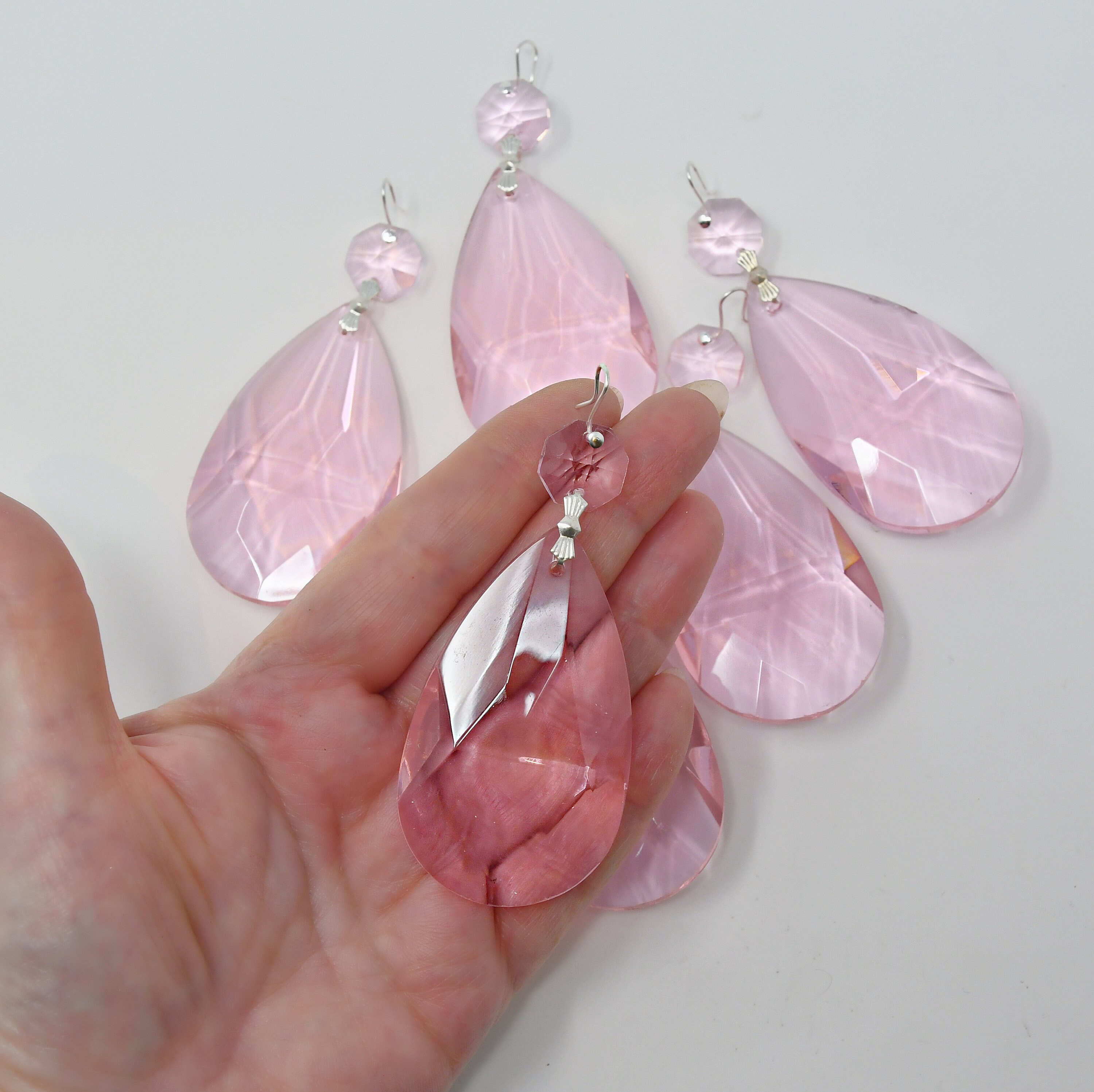 10 Large Pink Crystal Teardrop Prisms, Silver Hooks, 65mm Faceted Glass ...