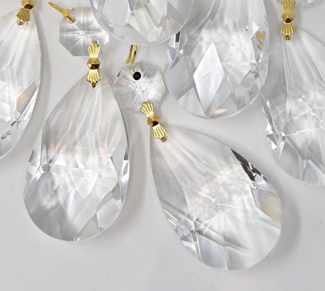 10 Small Clear Crystal Teardrop Prisms, Gold Hooks,38mm Faceted Cut ...