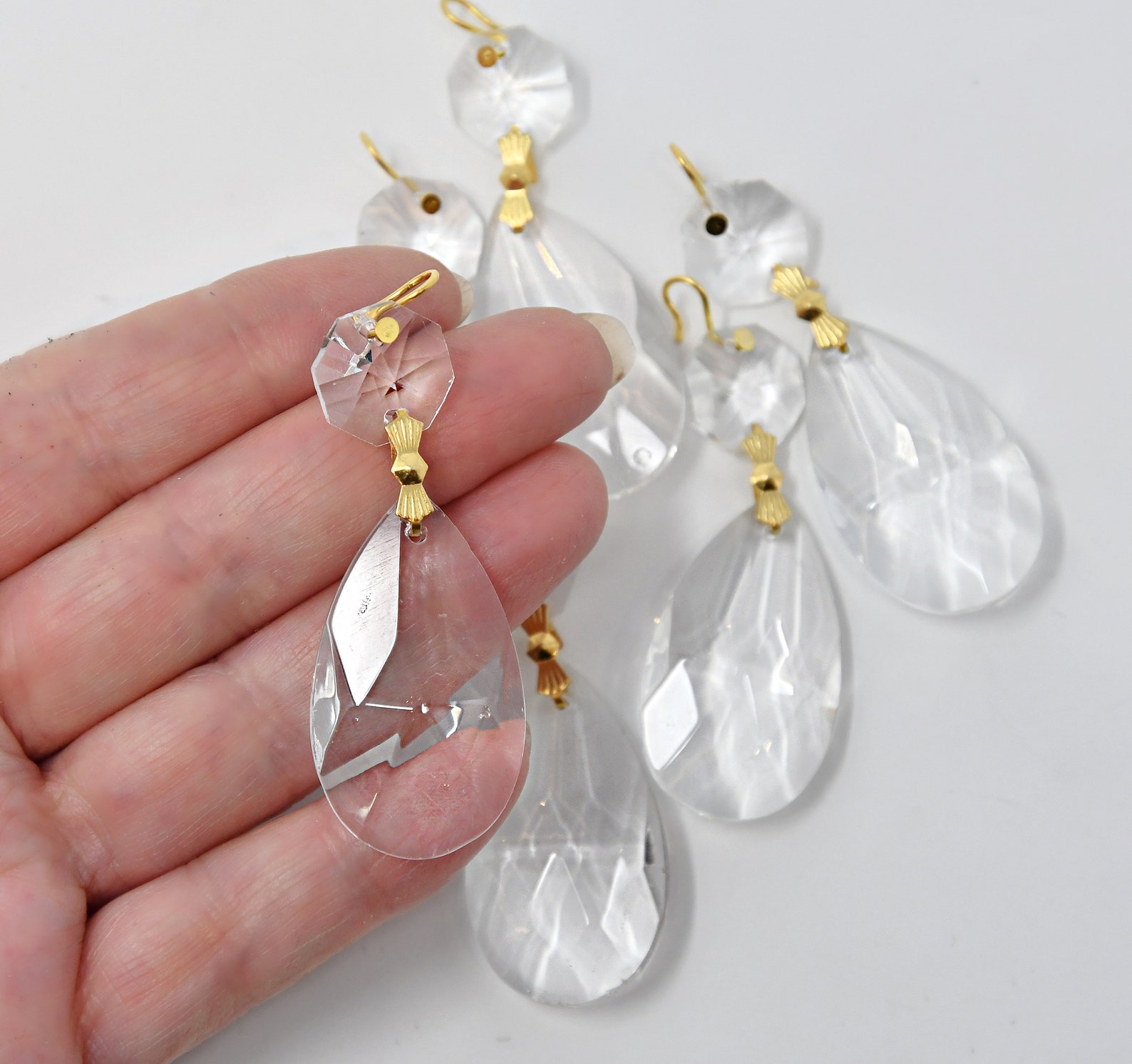 10 Small Clear Crystal Teardrop Prisms, Gold Hooks,38mm Faceted Cut ...