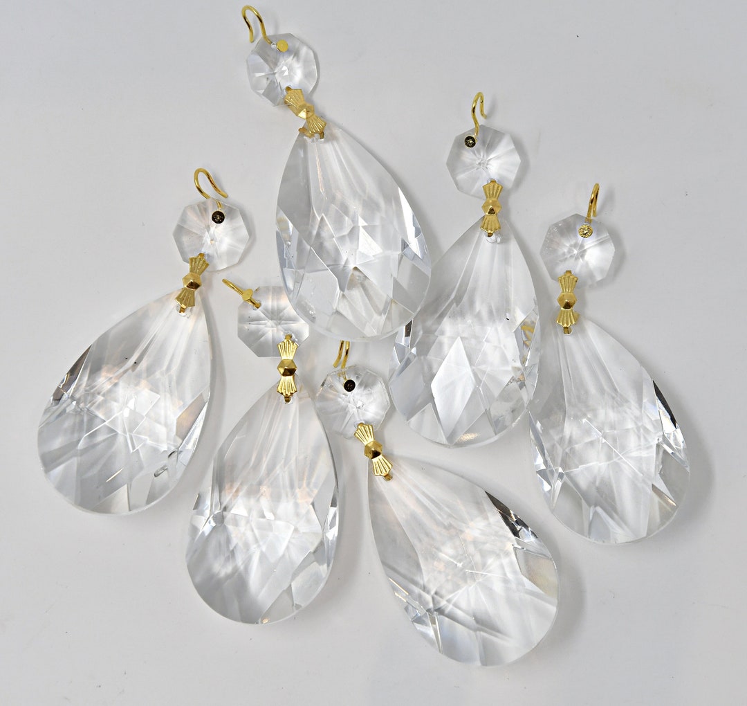 10 Medium Clear Crystal Teardrop Prisms, Gold Hooks, 50mm Faceted Glass ...