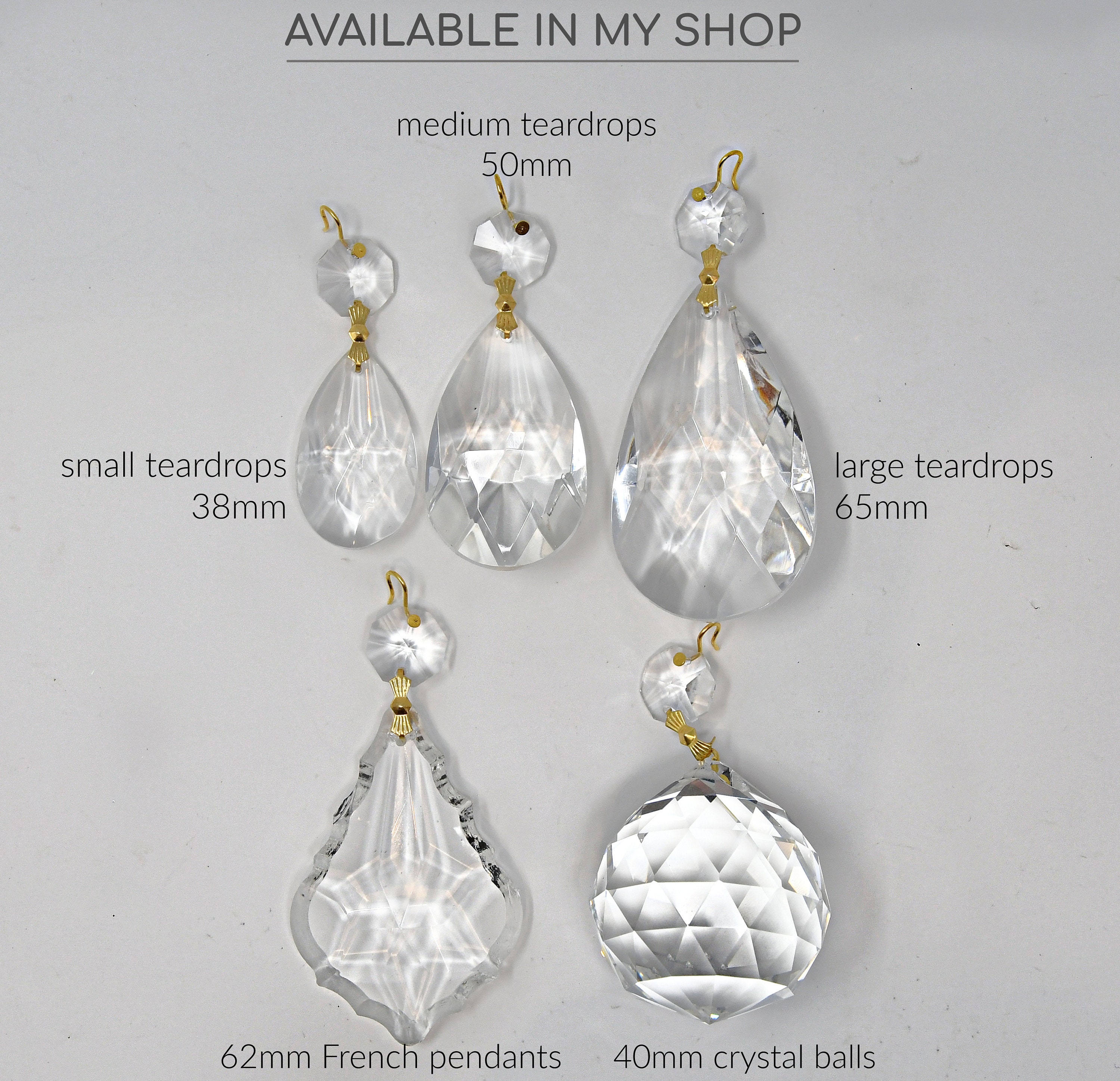 10 Small Clear Crystal Teardrop Prisms, Gold Hooks,38mm Faceted Cut ...