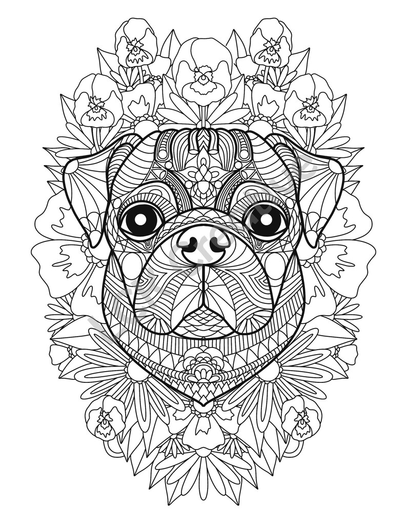 Pug Coloring Page Printable Letter Size With Face Pattern and Flowers ...