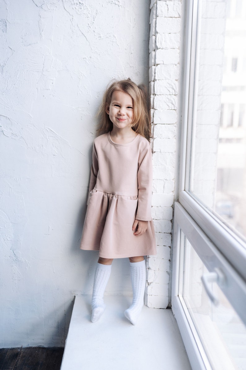 Kid's Beige Dress With Long Sleeves and Pockets From - Etsy