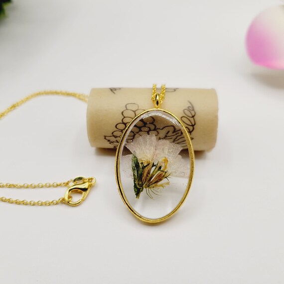 Pendant Resin Dried White Statice Flower With Alloy Bezel and - Etsy