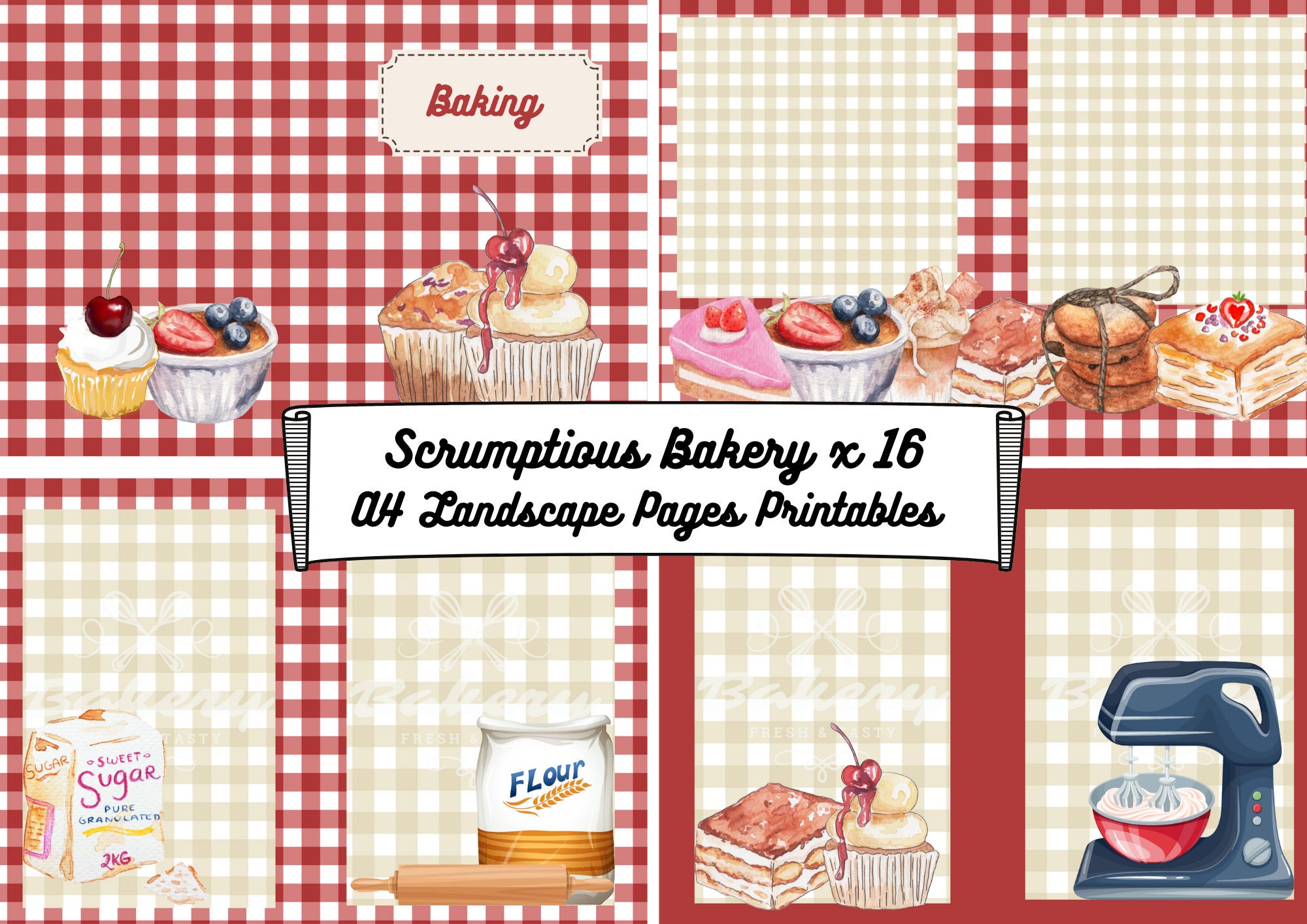 Retro Baking A4 Landscape Printable Pages X 16 Gingham Check | Etsy UK