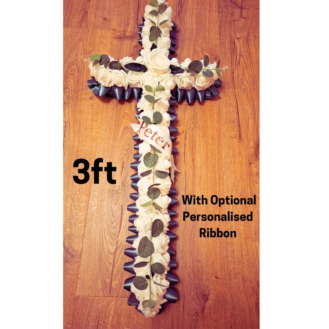 Funeral Cross 3ft Large Coffin Topper Grave Artificial Flowers Ivory ...
