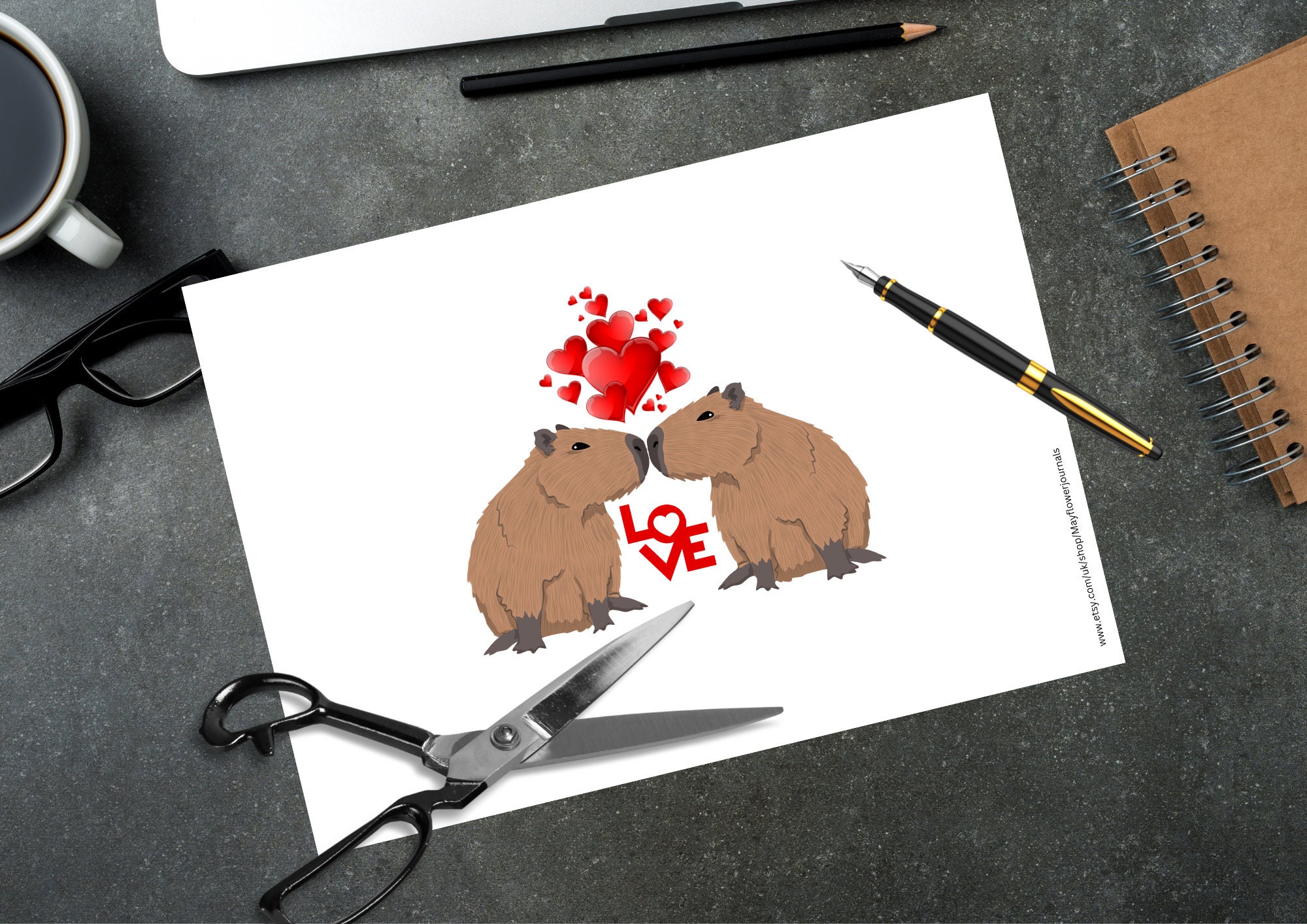 Capybara Love Printable A4 Landscape Picture Print Image Colour Hearts ...