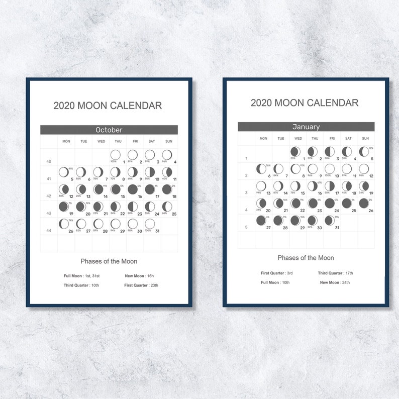 2020 Monthly Moon Phase Calendar Printable 2020 Moon | Etsy