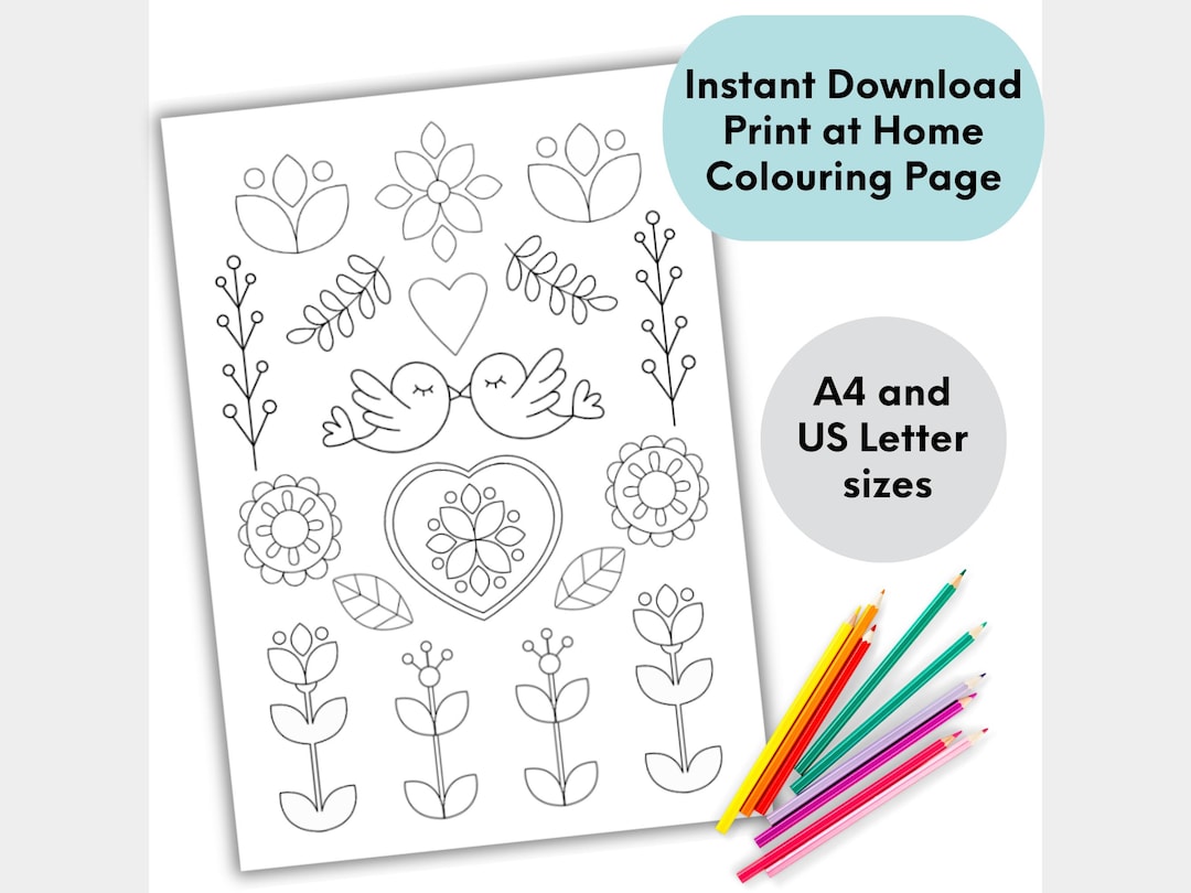 Folk Art Coloring Page, Printable Scandi Folk Art Colouring Sheet ...