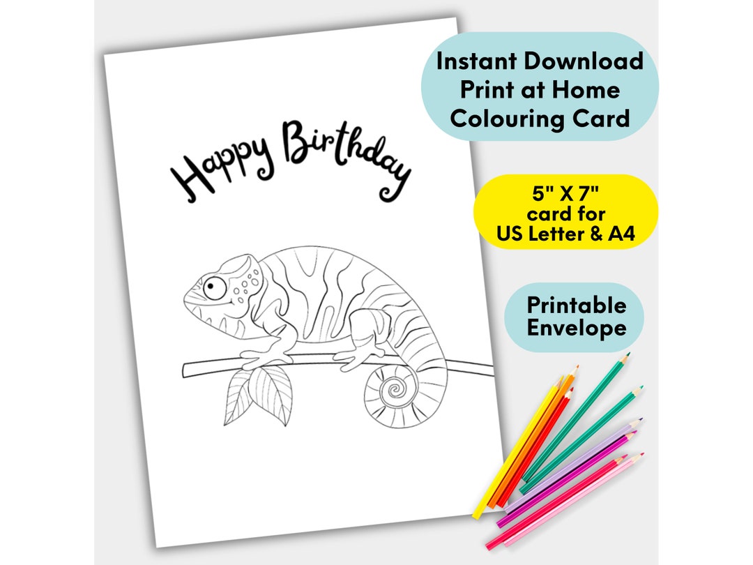 Chameleon Birthday Card for Kids, Printable Colouring Birthday Card ...