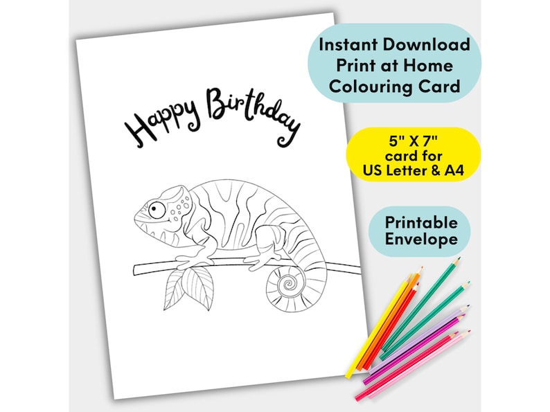 Chameleon Birthday Card for Kids, Printable Colouring Birthday Card ...