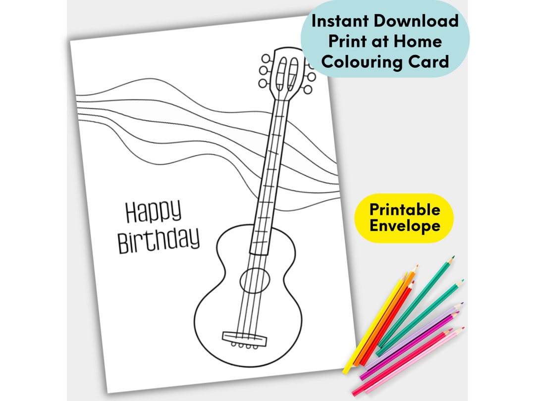 Guitar Birthday Card, Printable Music Colouring Card With Envelope ...