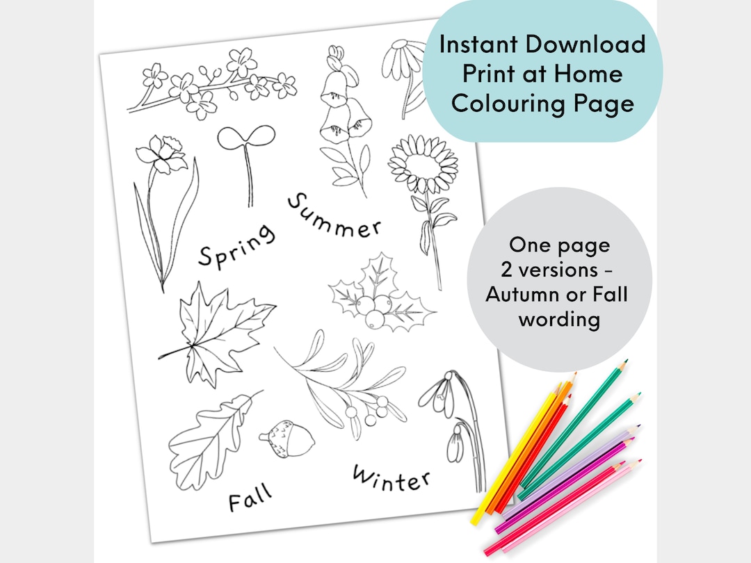 Printable Seasons Coloring Page for Kids, Flowers and Leaves Colouring ...