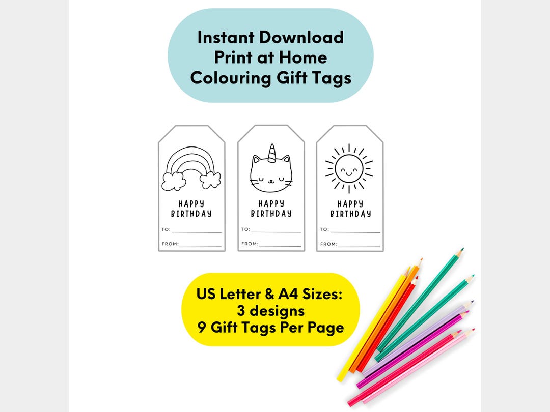 Cute Coloring Birthday Gift Tags for Kids, Printable Rainbow Cat ...