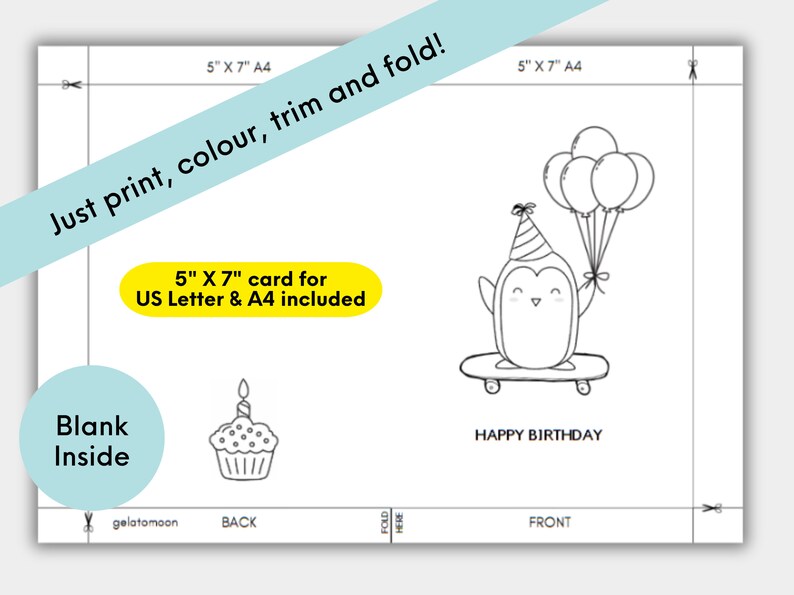 Penguin Birthday Card for Kids, Printable Birthday Colouring Card With ...