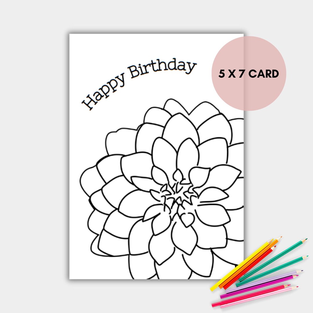 Flower Coloring Birthday Card, Printable Floral Coloring Card, Minimal ...