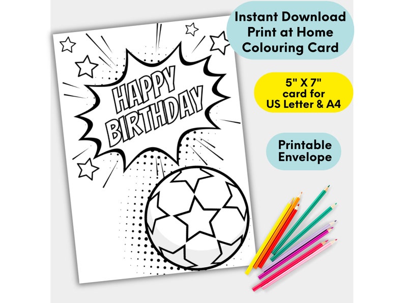 Football Birthday Card for Kids, Printable Soccer Birthday Colouring ...
