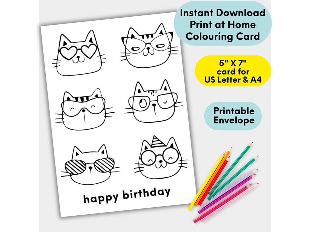 Cool Cats Birthday Card for Kids, Printable Birthday Colouring Card ...