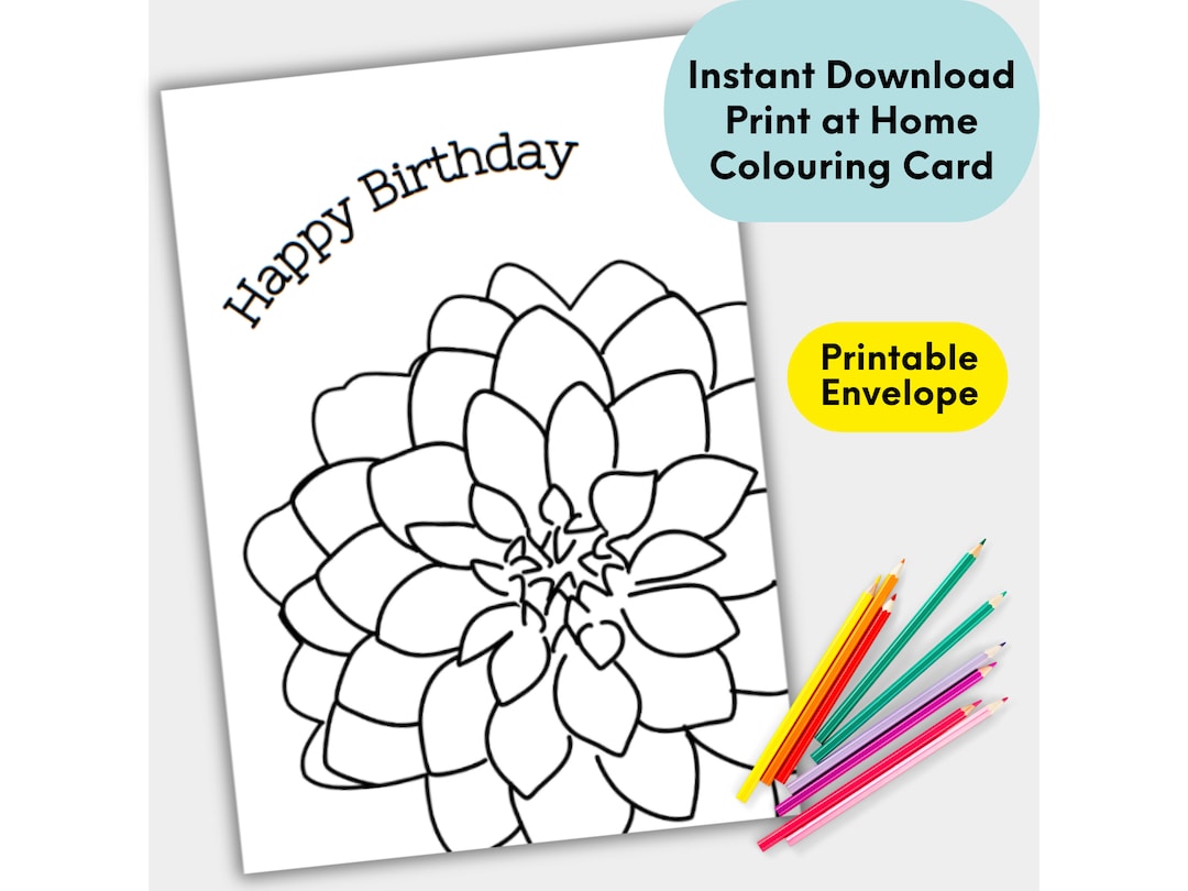 Coloring Flower Birthday Card, Printable Colouring Card With Envelope ...