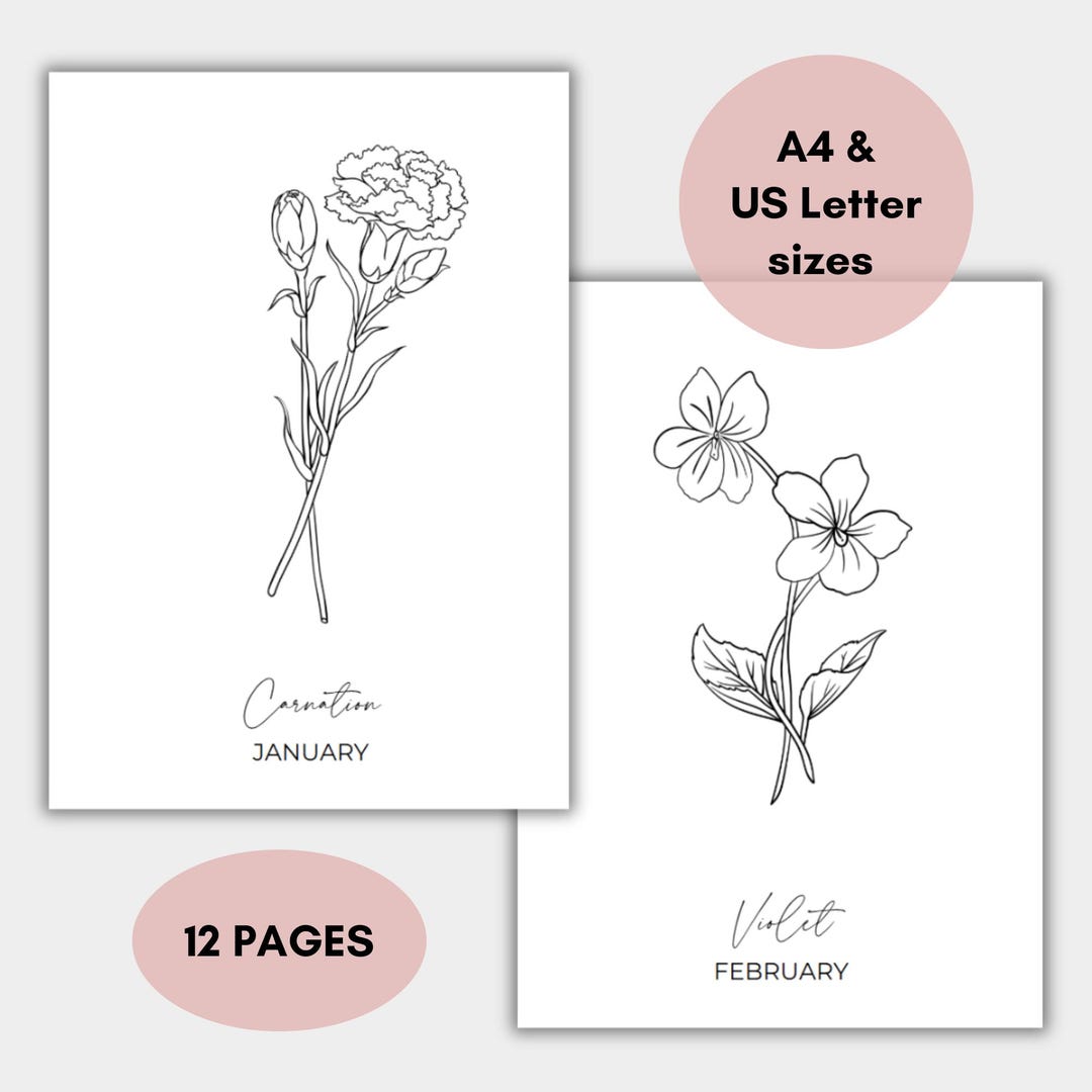Birth Month Flower Coloring Pages, 12 Printable Birth Flower Colouring ...