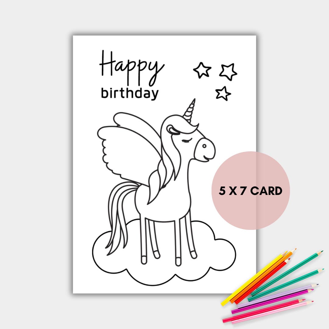 Unicorn Coloring Birthday Card for Kids, Printable Unicorn Birthday ...