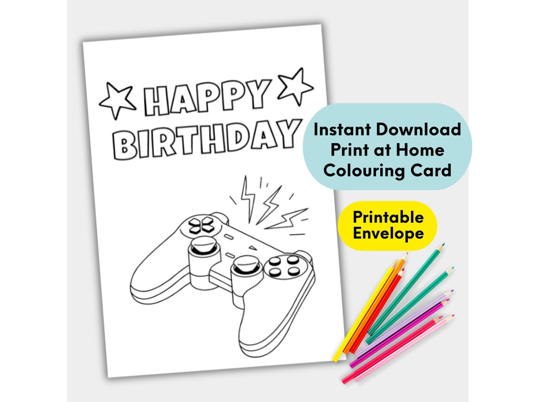 Gamer Birthday Card for Kids, Printable Gaming Colouring Card, Instant ...