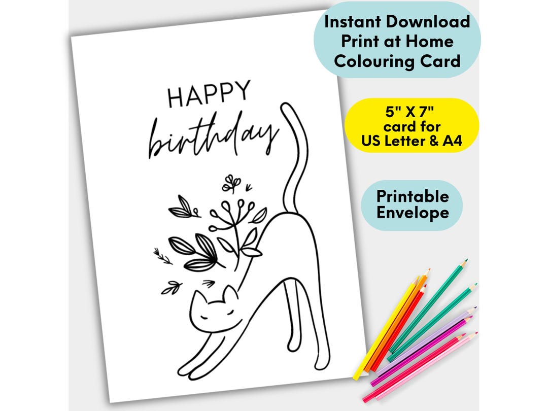 Cat Birthday Coloring Card Printable Colouring Card With Envelope ...
