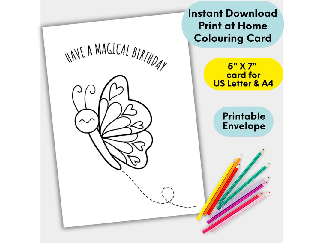 Butterfly Coloring Birthday Card for Kids, Printable Colouring Card ...