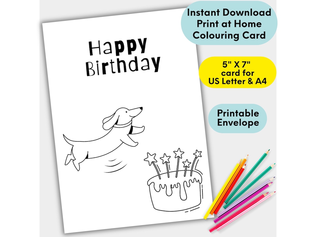 Coloring Dog Birthday Card, Printable Colouring Card With Envelope ...