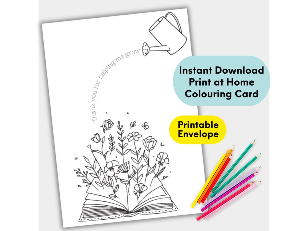 Flower Colouring Thank You Card for Teacher / Mother's Day, Printable ...