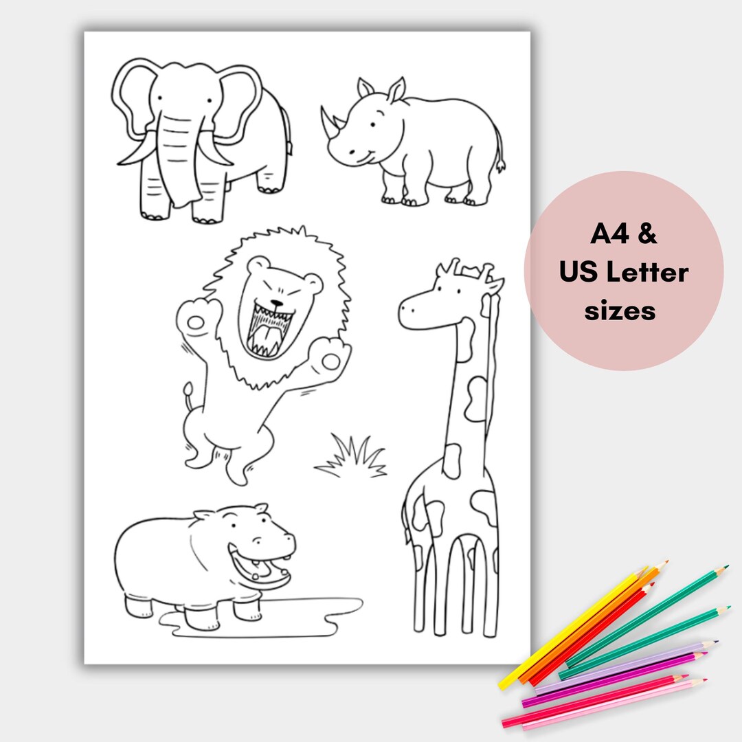 Safari Animals Coloring Page for Kids, Printable Cute Jungle Animals ...