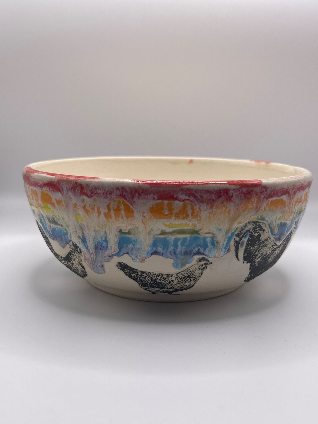 Chicken Rainbow Glaze Drippy Melting Bowl Wheel Thrown and Hand Painted ...